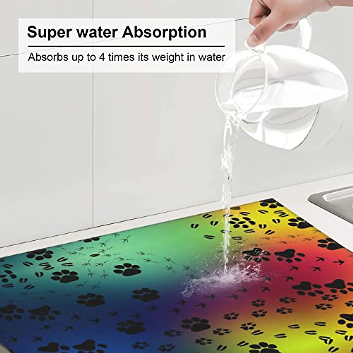 Paw Prints Pattern Printed Drying Mat For Kitchen Ultra Absorbent Microfiber Dishes Drainer Mats Non-Slip Silicone Quick Dry Pad - 18 X 16inch