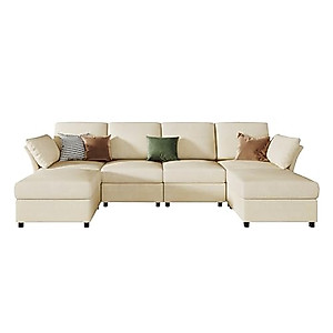 AMERLIFE Sectional Sofa, Modular Sectional Couch with Ottomans- 4 Seat Sofa Couch for Living Room, Convertible U Shaped Couch with Chaise, W57 xD54 xH37 Beige Loveseat