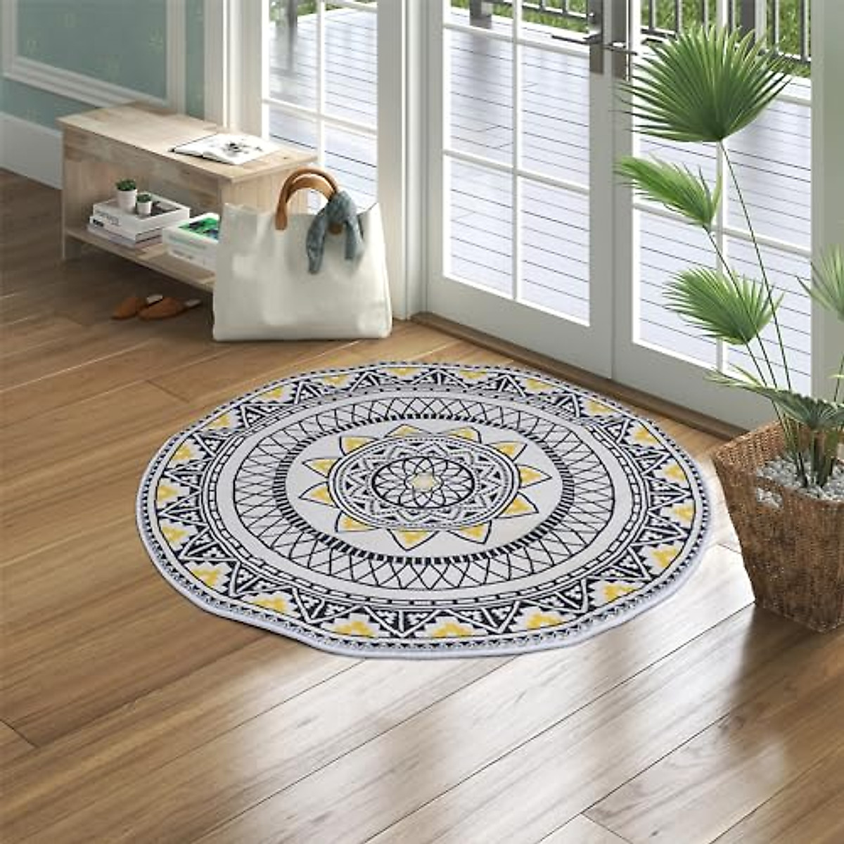 Boho Round Rugs,3ft Non Slip Throw Area Rug,Fluffy Machine Washable Bedroom Carpet,Living Room Decor Carpet,Faux Fur Area Rugs for Bathroom Bedroom Yellow