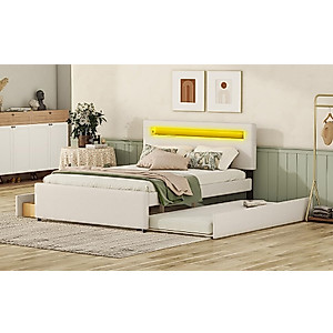 HABUHOME Queen Size Upholstered Platform Bed with 2 Storage Drawers and Twin Trundle, LED Lights and USB Charging, Linen Queen Bed Frame with Headboard and Wood Slat Support,Beige
