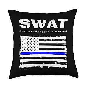 SWAT TEAM SPECIAL POLICE FORCE UNIT MEMBER GIFTS SWAT Special Weapons and Tactics Thin Blue Line USA Flag Throw Pillow, 18x18, Multicolor
