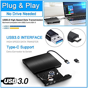 Actpe USB 3.0/Type-C Slim External DVD RW CD Writer Drive Burner Reader Player Optical Drives for Laptop PC