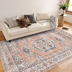 Valenrug Washable Area Rug 6x9 - Ultra-Thin Antique Collection, Stain Resistant Rugs for Living Room Bedroom, Distressed Vintage Rug(Peach/Yellowish, 6'x9')