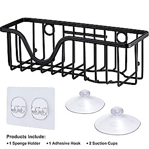 Sponge Holder for Kitchen Sink with Adhesive Hook & Suction Cups - 2 IN 1 Sink Caddy for Sponges, Dish Brush, Scrubbers, Soap - 304 Stainless Steel Kitchen Bathroom Organizer Accessories - Black