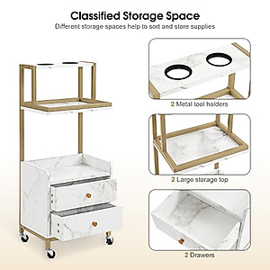 BarberPub Salon Trolley with Wheels Rolling Barber Cart with Drawers Marbled Board for Beauty Salon Metal Frame with 2 Hair Dryer Holders 2044 (White)