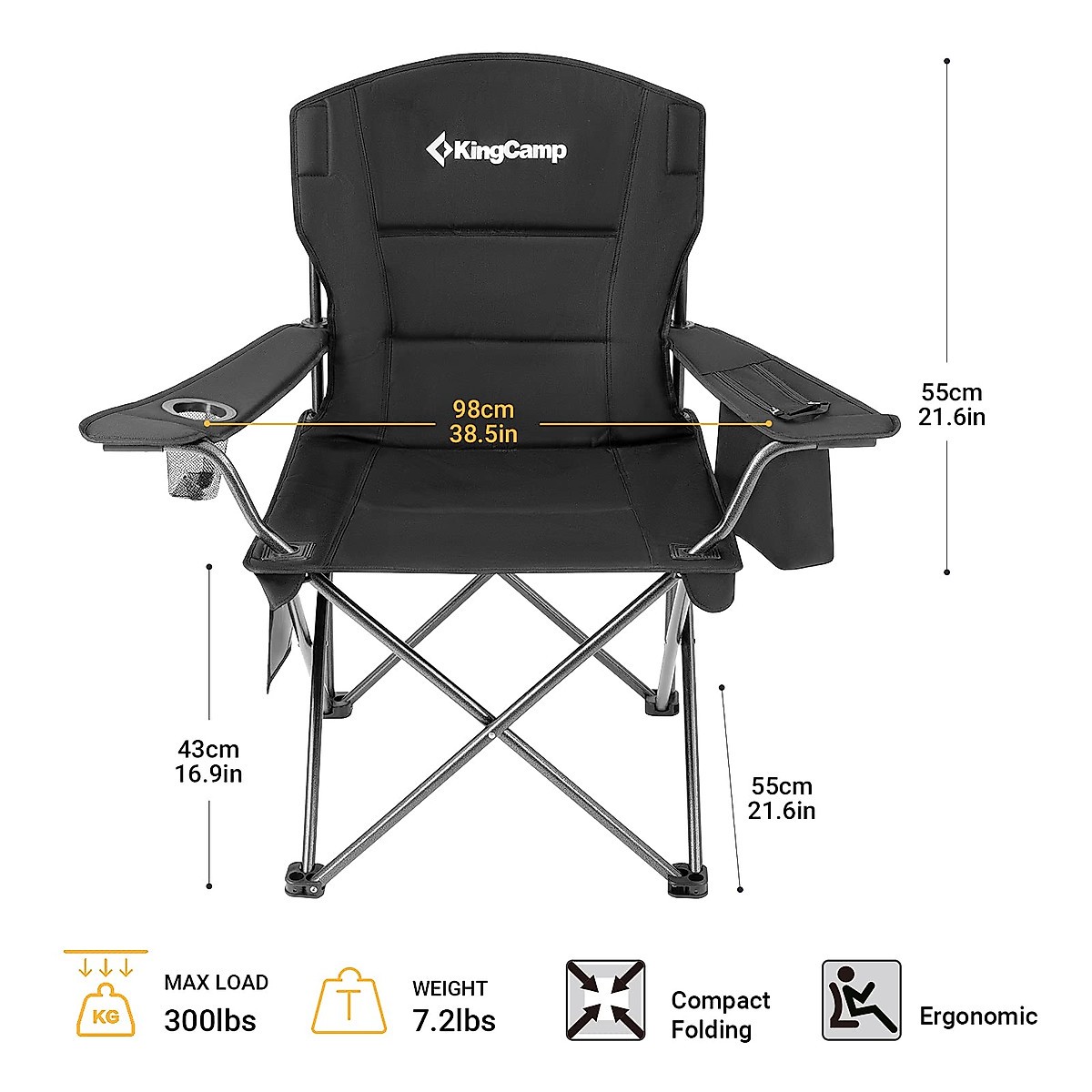 KingCamp Oversized Folding Camping Chair for Adults Portable Outdoor Lawn Heavy Duty with Cooler, Cup Holder, Side Pocket,Carry Bag, 1 Pack, Black