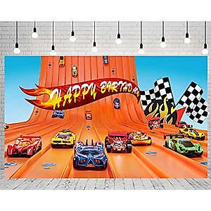 QQKCFOTO Hot Wheels Backdrops for Birthday Party Decorations Supplies, Red Car Photo Background for Cake Table Decorations, Hot Wheels Banner, Polyester 5x3ft