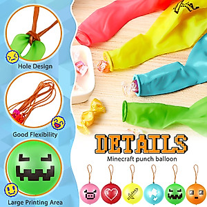 30 Pcs Pixelated Punch Balloons Colorful Latex Punch Ball Miner Video Game Party Favors Bounce Balloons with Rubber Band Handle for Birthday Party