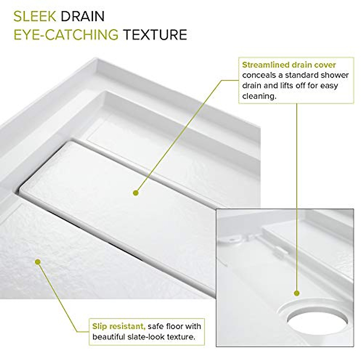 Transolid FLU6032R-31 Linear 60-in W x 32-in L Rectangular Alcove Concealed End Drain Shower Base with Right Hand Drain, White