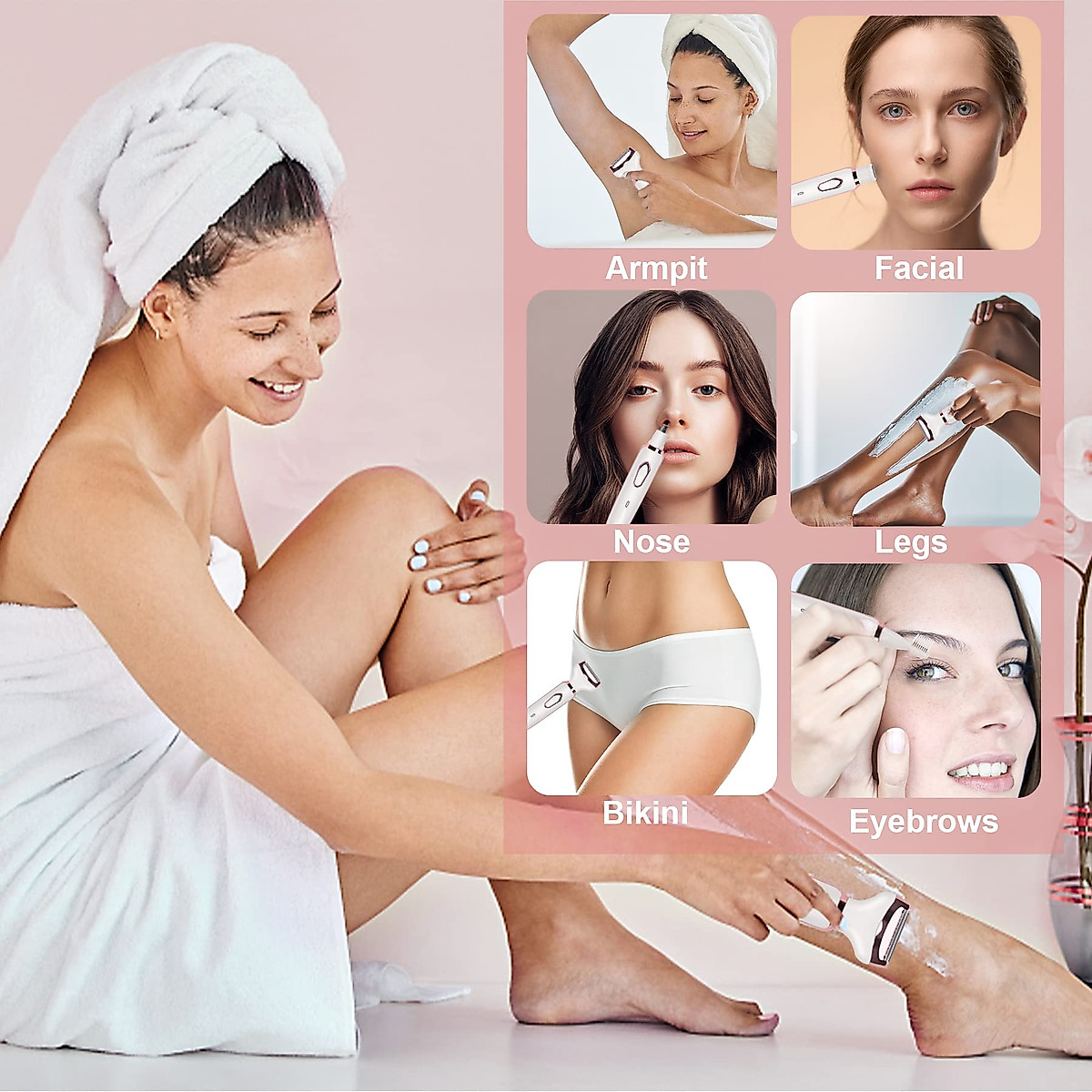 4 in 1 Electric Razor for Women, RAIALL Lady Electric Shaver Hair Remover for Face Legs Nose Underarm, Portable Bikini Trimmer Wet & Dry Cordless Hair Removal with 4 Floating Head - USB Recharge