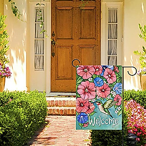 Hzppyz Welcome Spring Floral Flowers Garden Flag Double Sided, Morning Glory Hummingbird Birds Decorative Yard Outdoor Home Small Decor, Summer Farmhouse Burlap Outside House Decoration 12 x 18