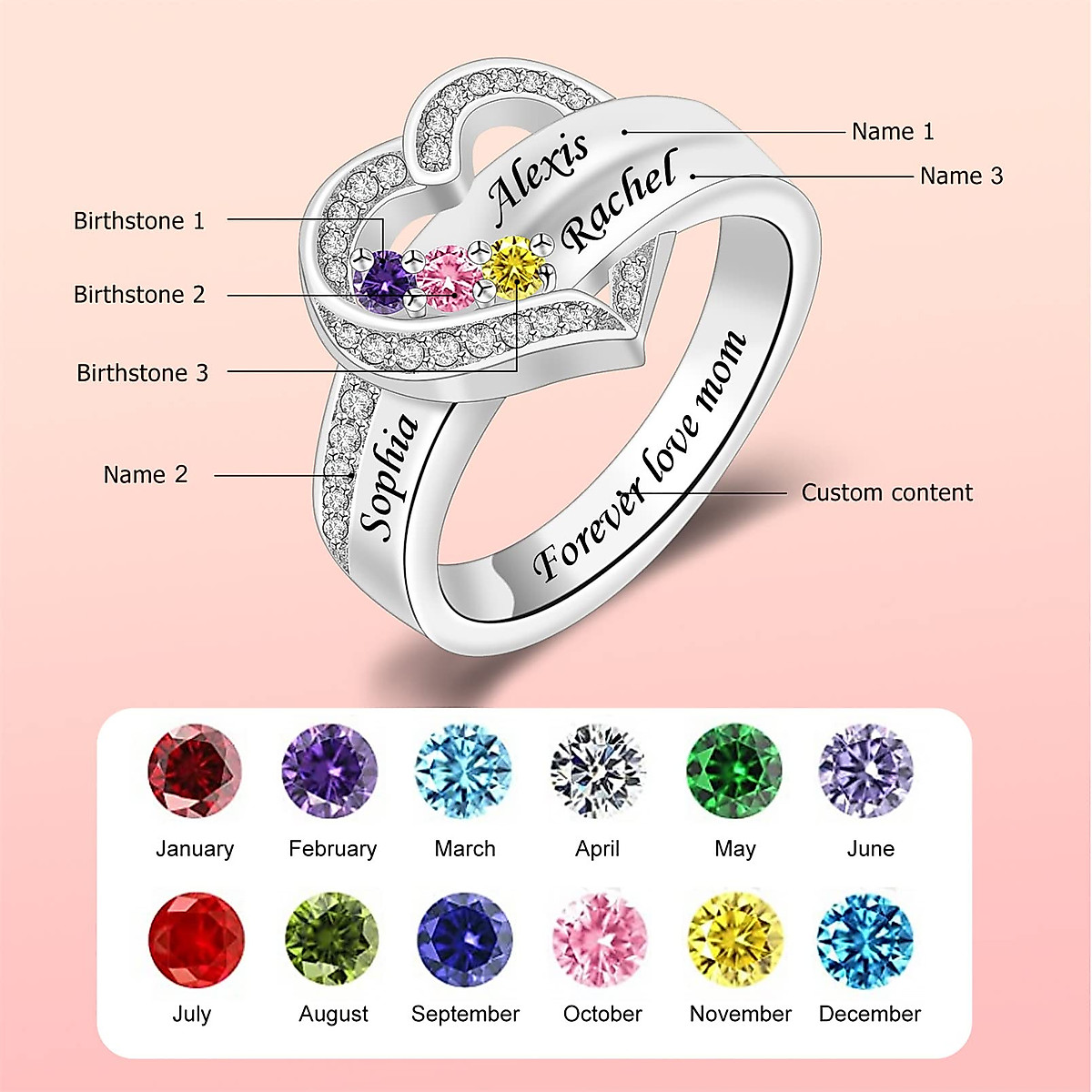Personalized 1/2/3/4/5/6/7/8 Stones Rings for Her Heart Mother Ring with Simulated Birthstones Custom Mother Daughter Ring Jewelry for Women Engagement Name Promise Ring for Mom Wife Grandmother (3 Name)
