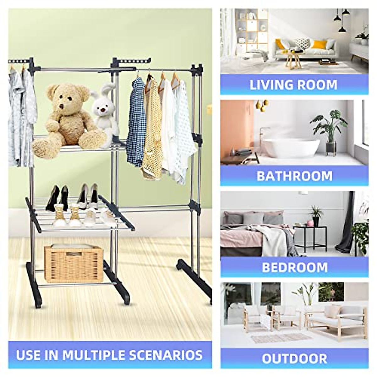 Drying Rack Clothing,Clothes Drying Rack with Casters,4-Tier Expandable Clothes Horses Rack,Collapsible Laundry Drying Rack,Movable Air Drying Rack,Oversized Laundry Racks for Indoor Outdoor