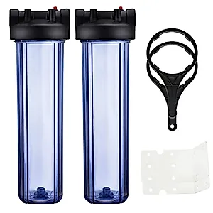 Geekpure 20 Inch Whole House Water Filter Housing 1"NPT Brass Port with Wrench Bracket -4.5 x 20 Inch - Clear (Pack of 2)