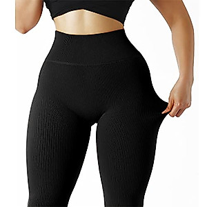 SUUKSESS Women Ribbed Seamless Leggings High Waisted Tummy Control Workout Yoga Pants (Black, L)
