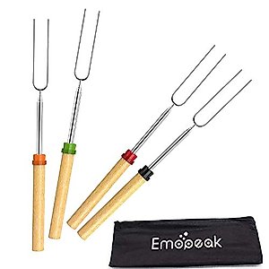 Emopeak Marshmallow Roasting Sticks 4 Pack, Roasting Sticks with Wooden Handle 32 Inch Extendable BBQ Forks Telescoping Smores Sticks for Fire Pit, Campfire