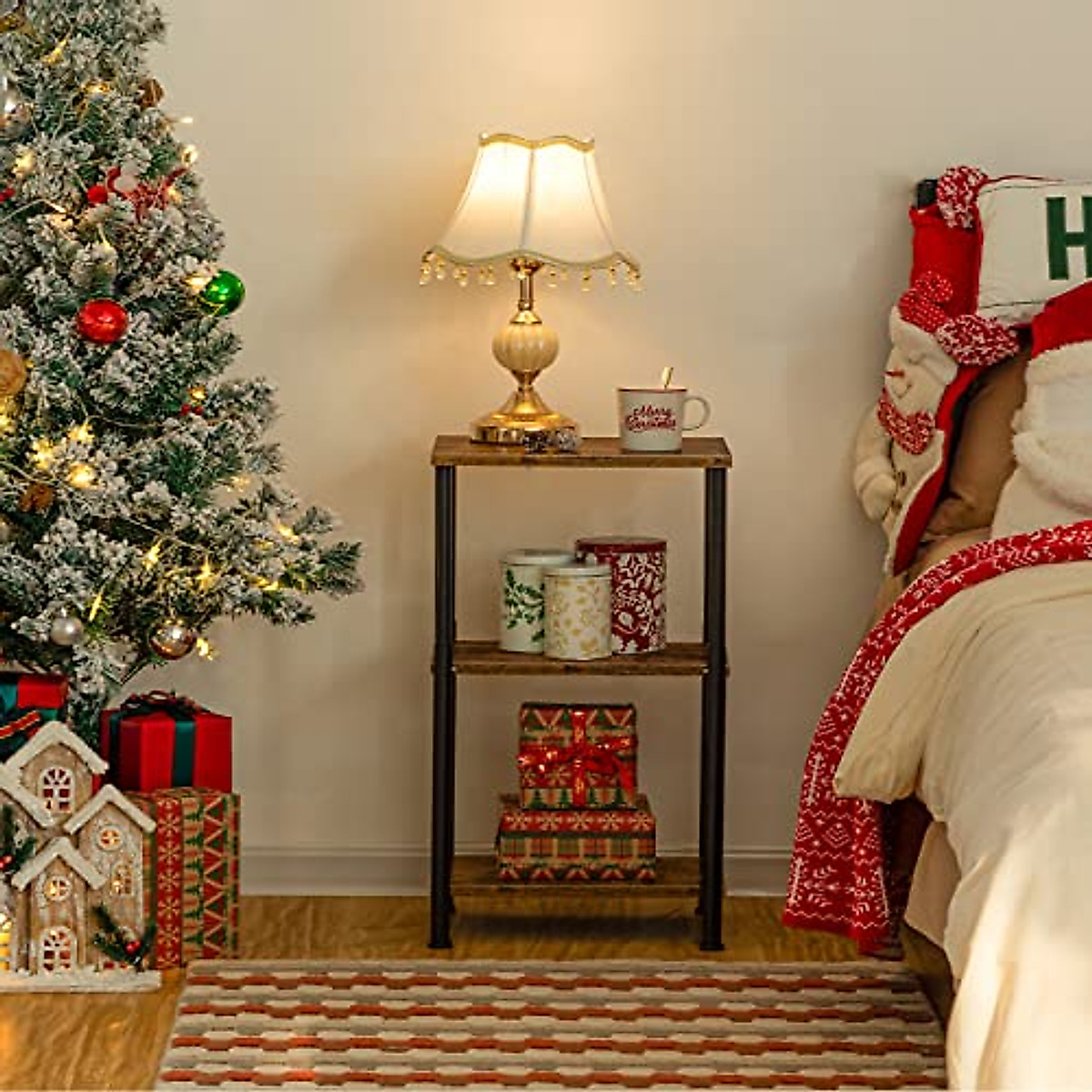 HOOBRO Side Table, Height-Adjustable Nightstand with Storage Shelves, 3-Tier Tall Industrial End Table, Coffee Table, for Living Room, Bedroom, Study, Solid Structure, Rustic Brown BF65BZ01