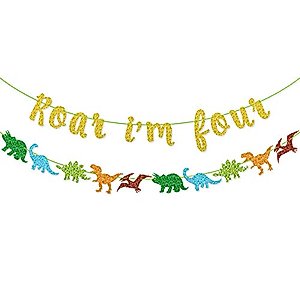 Roar I'm Four Banner Dinosaur Garland for Kids' 4th Dinosaur Birthday Party Decorations