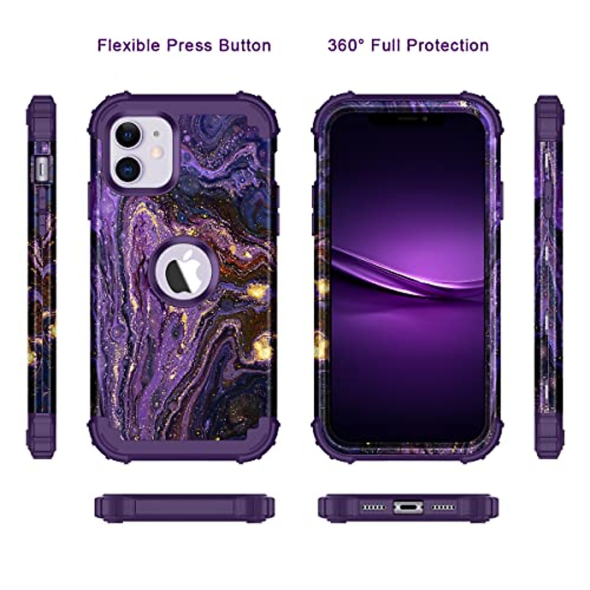 Miqala for iPhone 11 Case with 2 Tempered Glass Screen Protector+ 2 Camera Lens Protector,Three Layer Shockproof Heavy Duty Full Body Protective Case for Apple iPhone 11 6.1 inch.,Purple