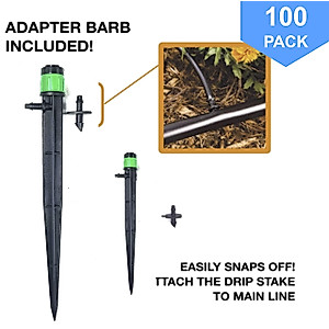 (100-PACK) - 1/4" Inch 360 Degree Drip Emitter On 5" Stake Sprayer Adjustable Flow 0-20 GPH, Fits 1/4 (4-6mm) Irrigation Tubing - Micro Bubbler Drippers for Drip Irrigation (100 Pack Dripper on Stake)