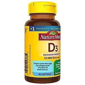 Nature Made Maximum Strength Vitamin D3 10000 IU (250 mcg), Dietary Supplement for Bone, Teeth, Muscle and Immune Health Support, 60 Softgels, 60 Day Supply