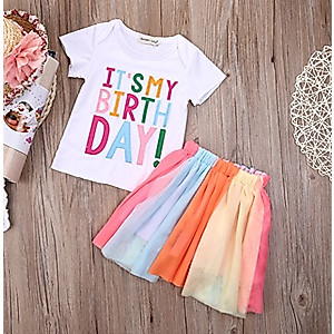 Girls'It's My Birthday Print Shirt Tutu Skirt Dress Outfit Set (White+Pink a, 4-5 Years)