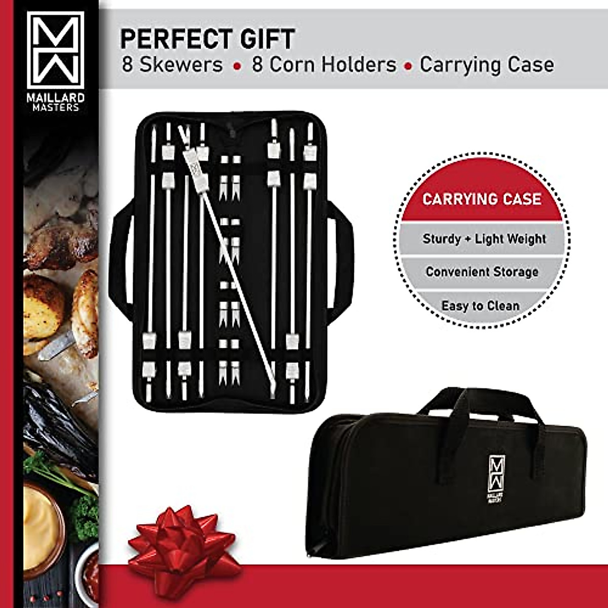 MAILLARD MASTERS Metal Skewers for Kabobs - Flat BBQ Skewers for Grilling with Sliders + Corn Holders. Carrying Case Giftset. Grill Meats, Shrimp, Chicken and Veggies like a PRO (16 pcs total)