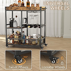 Furmax Bar Cart Home Bar Serving Cart with 3 Tiers, Rolling Bar Car with Large Storage Space & Lockable Wheels, Mobile Drink Cart with Removable Tray, Wine Rack, Glass Holder for Kitchen (Retro)