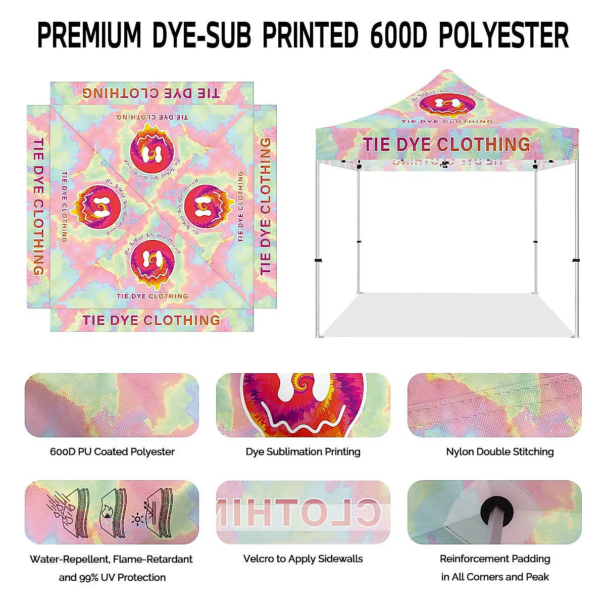 ABLEM8CANOPY Custom Canopy Tent 10x10 with Logo, Personalized Pop Up Canopy Tent with Optional Walls for Business Events, Trade Shows, Farmers Market, Roller Bag Included(TIE DYE)