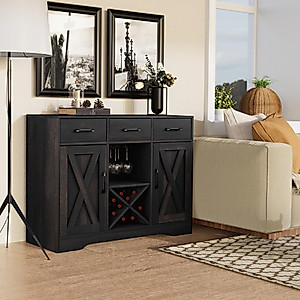 VVFLU Sideboard Buffet Cabinet with Storage Kitchen Farmhouse Coffee Bar Cabinet, Drawers, Removable Wine Rack, Wine Glass Rack, Barn Doors, Adjustable Shelves for Dinning Room, Brown (Dark Wood)