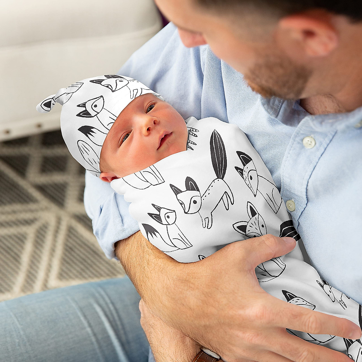 Sweet Jojo Designs Woodland Fox Baby Boy or Girl Cocoon and Beanie Hat Set Jersey Stretch Knit Sleeping Bag for Infant Newborn Nursery Sleep Wrap Sack - Black and White Forest Animal Gender Neutral