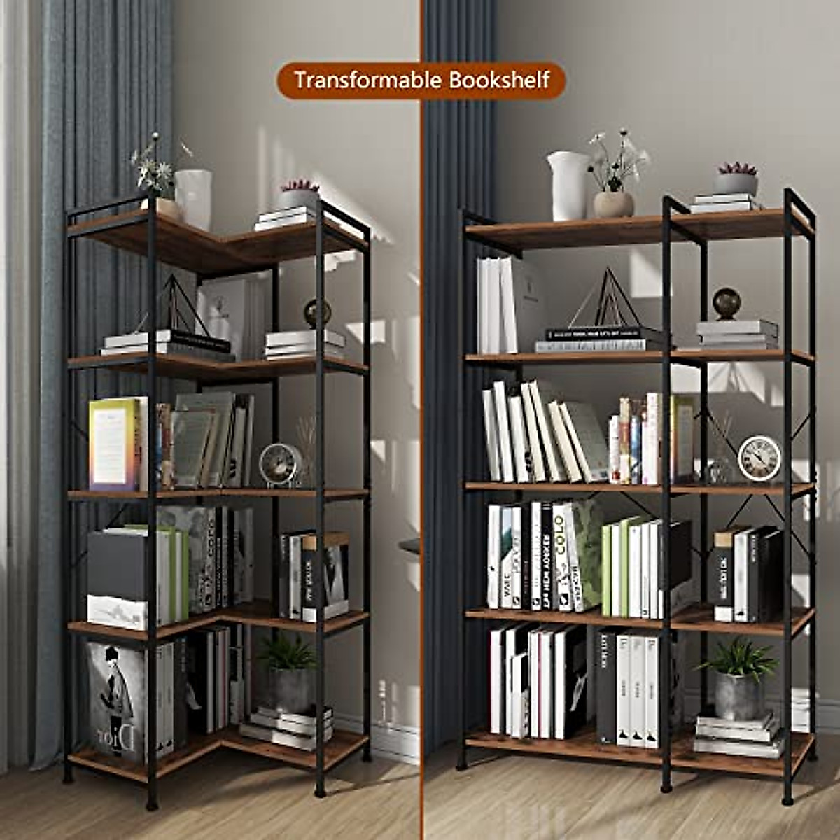 Tohomeor Bookshelf 5 Tier Deformable Corner Bookcase Free Standing Modern Industrial Book Storage Display Book Shelf for Bedroom Living Room Study Room Office (Brown)