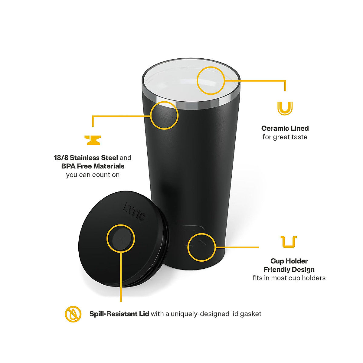 RTIC 20oz Everyday Tumbler Insulated Stainless Steel Portable Travel Coffee Cup with Straw, Spill-Resistant Lid, BPA-Free, Hot and Cold Drink, Ceramic Lining, Black