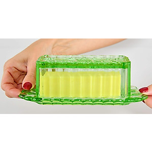 HOME-X Depression Style Glass Butter Dish with Lid and Grape Pattern, Retro Kitchen Decor, Wedding Gift