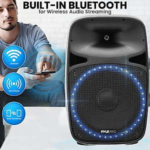 Pyle Powerful Wireless Sound 400W Portable Bluetooth PA Speaker - 12" Indoor/Outdoor Audio System w/Party Lights, Digital Display, FM/AUX/MP3/USB/SD, Handle, Wheels, Microphone, Remote