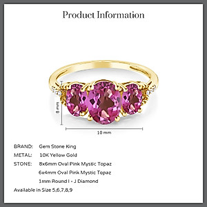 Gem Stone King 10K Yellow Gold Pink Mystic Topaz 3-Stone Engagement Ring | 2.34 Cttw | Oval 8X6MM and 6X4MM | 3 Stone Wedding Anniversary Promise Ring For Women (Size 5)