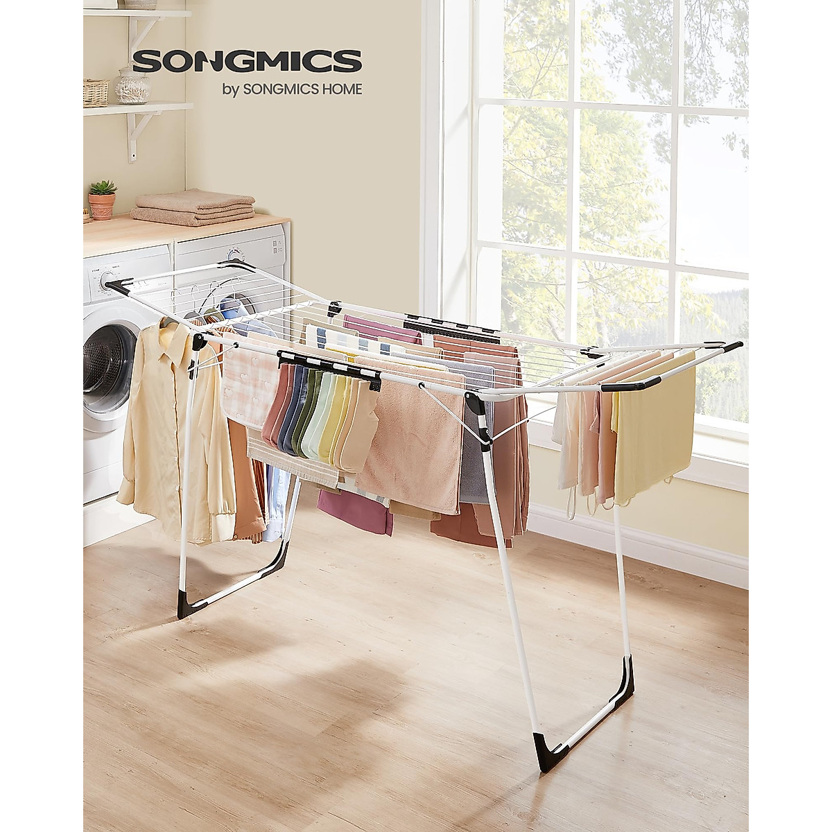 SONGMICS Clothes Drying Rack Foldable, Gullwing Laundry Drying Rack, Space-Saving, 22.2 x 68.1 x 38 Inches, Sock Clips, Metal Structure, for Clothes, Towels, Linens, Indoor, Outdoor White ULLR518W01