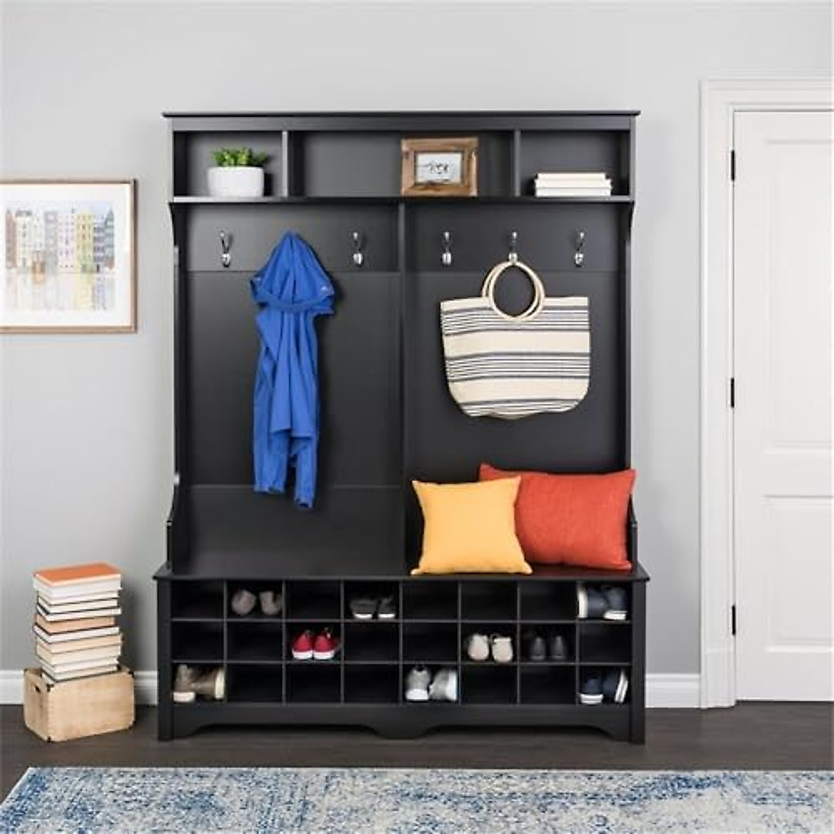 Prepac Black Hall Tree, Shoe Cabinet, Storage Cabinet with 24 Shoe Cubbies and 6 Double Coat Hooks 15.5" D x 60" W x 77" H, BSOG-0013-1