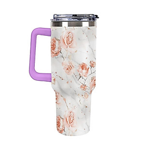 White Marble Rose Gold 40 Oz Tumbler Insulated Stainless Steel Water Bottle Travel Mug Car Cup with Handle And Straw
