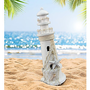 Puzzled COTA Global White Lighthouse Decor - Handmade and Crafted Wooden Lighthouse Decoration with Starfish and Fish Net, Decorative Beach Style Tabletop Centerpiece - 11 Inches