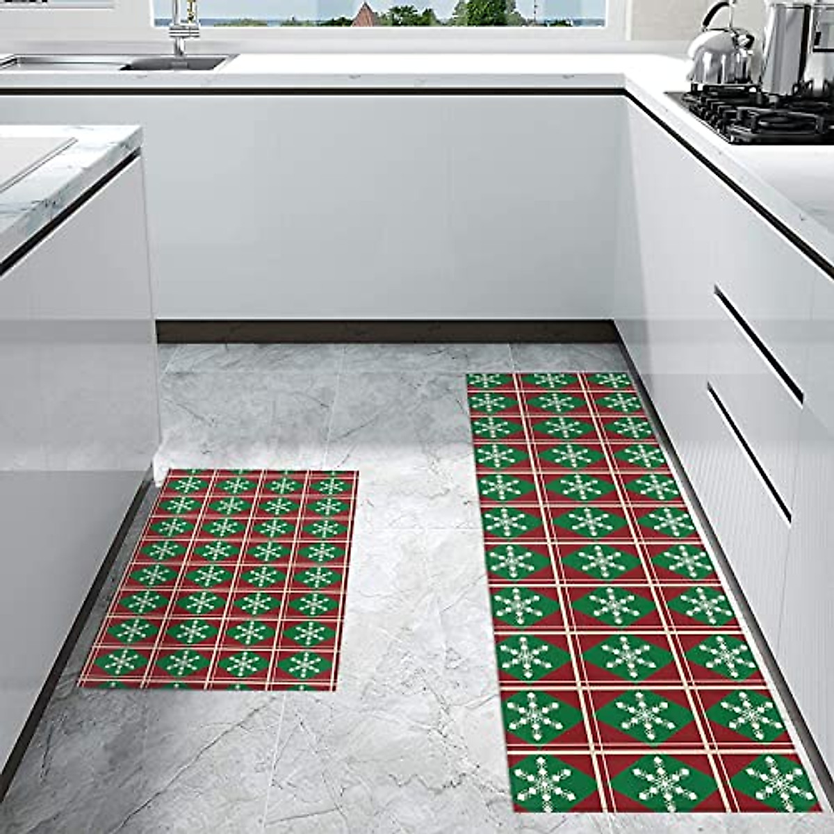 Miaklek Christmas Snowflakes Kitchen Mats for Floor Anti Fatigue Mats for Kitchen Floor Kitchen Rugs Cushioned Mats Non Slip Comfort Standing Kitchen Rugs Set of 2, Red and Green Rhombus Lattice