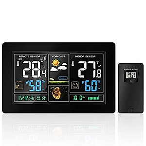 XARONF Weather Station with Atomic Clock Indoor Outdoor Thermometer, Humidity and Temperature Monitor Barometer Hygrometer with High Precision Sensor, Black