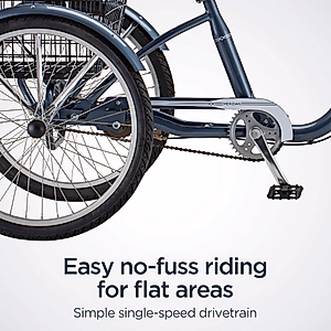 Schwinn Meridian Adult Tricycle Bike, Mens and Womens Three Wheel Beach Cruiser, 24-Inch Wheels, Low Step-Through Frame, Wide Seat, Rear Folding Basket, 1-Speed, Slate Blue