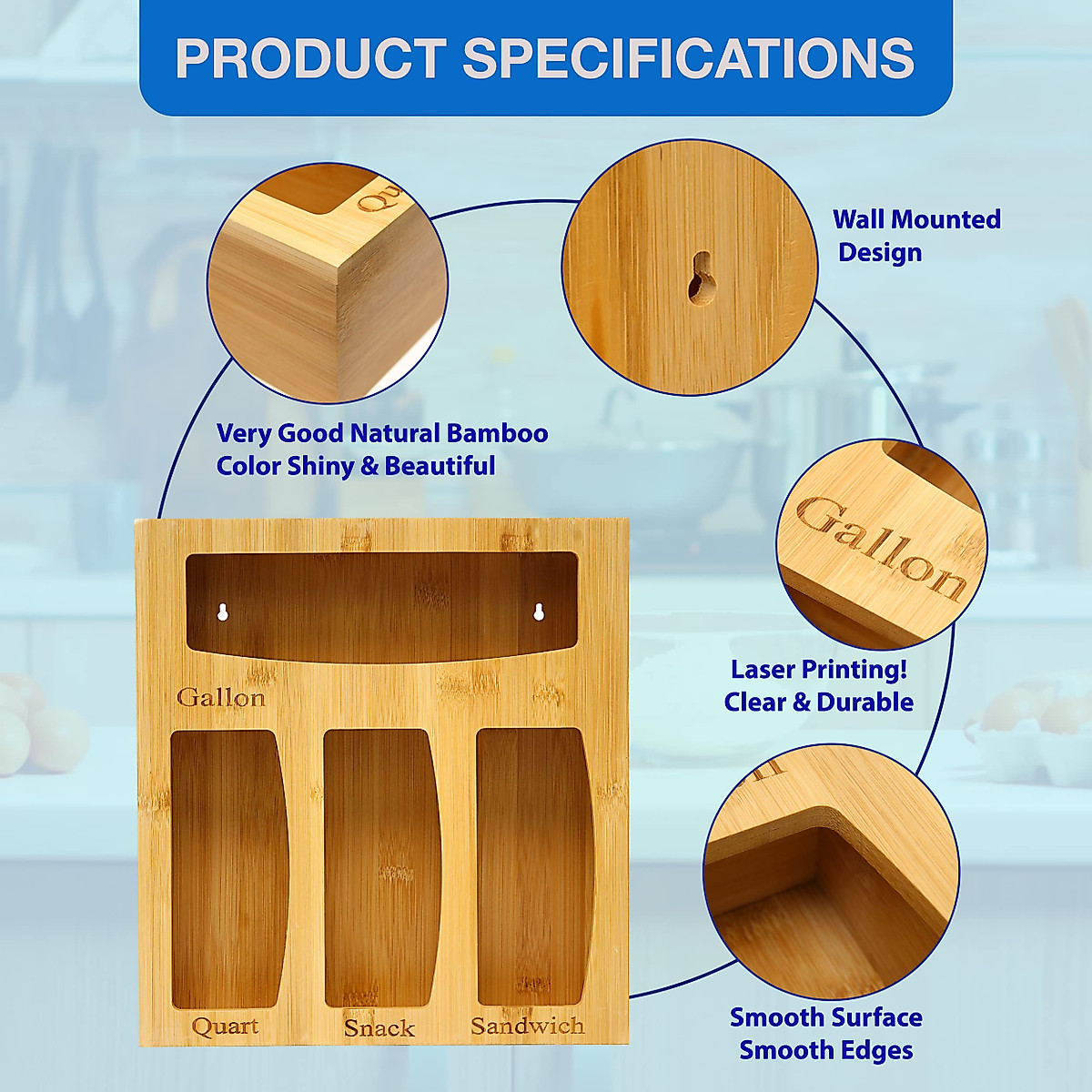 Matruxba Bamboo Ziplock Bag Organizer For Drawer, Premium Quality Plastic Bag Organizer Compatible With Ziploc, Solimo, Glad, Hefty For Gallon, Quart, Sandwich And Snack Variety Size Bags