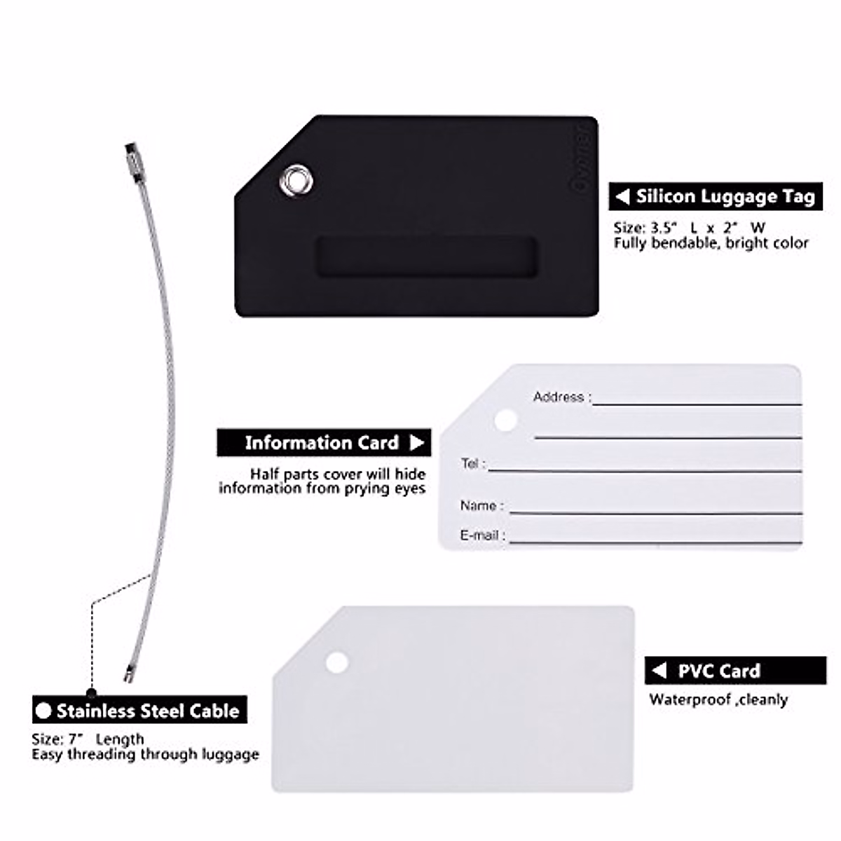 5Pack Black Silicone Luggage Tag with Name ID Card Perfect to Quickly Spot Luggage Suitcase by Ovener