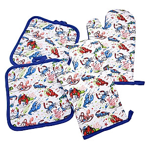 Nautical Kitchen Gift Set: Pot Holders and Oven Mitts (Sealife - Lobsters, Crabs, Octopuses)