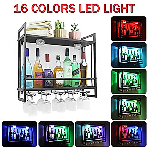 LED Wine Rack Wall Mounted , Wine Bottle Stemware Rack, 23.6In Rustic Metal Hanging Wine Holder with 5 Stem Glass Holders for Wine Glasses, 16 RGB Dimmable Colors with Remote Control (23.6 in)