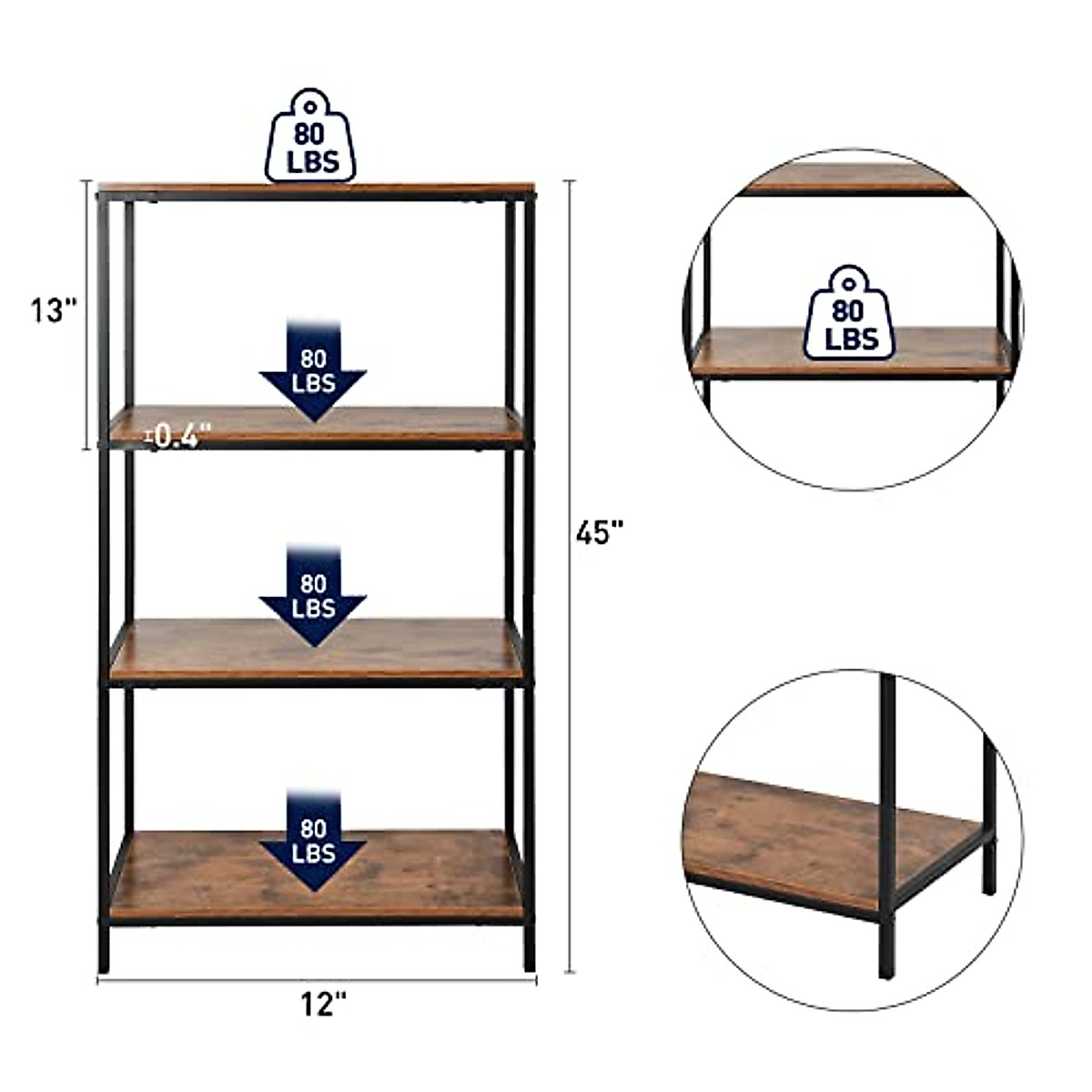 ECOMEX 4 Tier Bookshelf, Tall Bookcase with Metal Frame for Stroge,Industrial Bookshelf and Bookcases for Bedroom,Livingroom,Office Brown