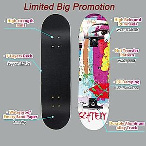 ANDRIMAX Skateboards-Complete Skateboards for Beginners Kids Boys Girls Adults Youth-Standard Skateboards 31’’x8’’ with 7 Lays Maple Deck Pro Skateboards, Longboard Skate Boards (Graffiti)