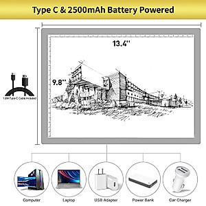 TOHETO Portable A4 Tracing LED Copy Board with Carry Bag, Cordless Battery Powered 5 Levels Brightness Light Box Rechargeable Light Board for Weeding Vinyl X-ray Viewing Diamond Painting (Grey)